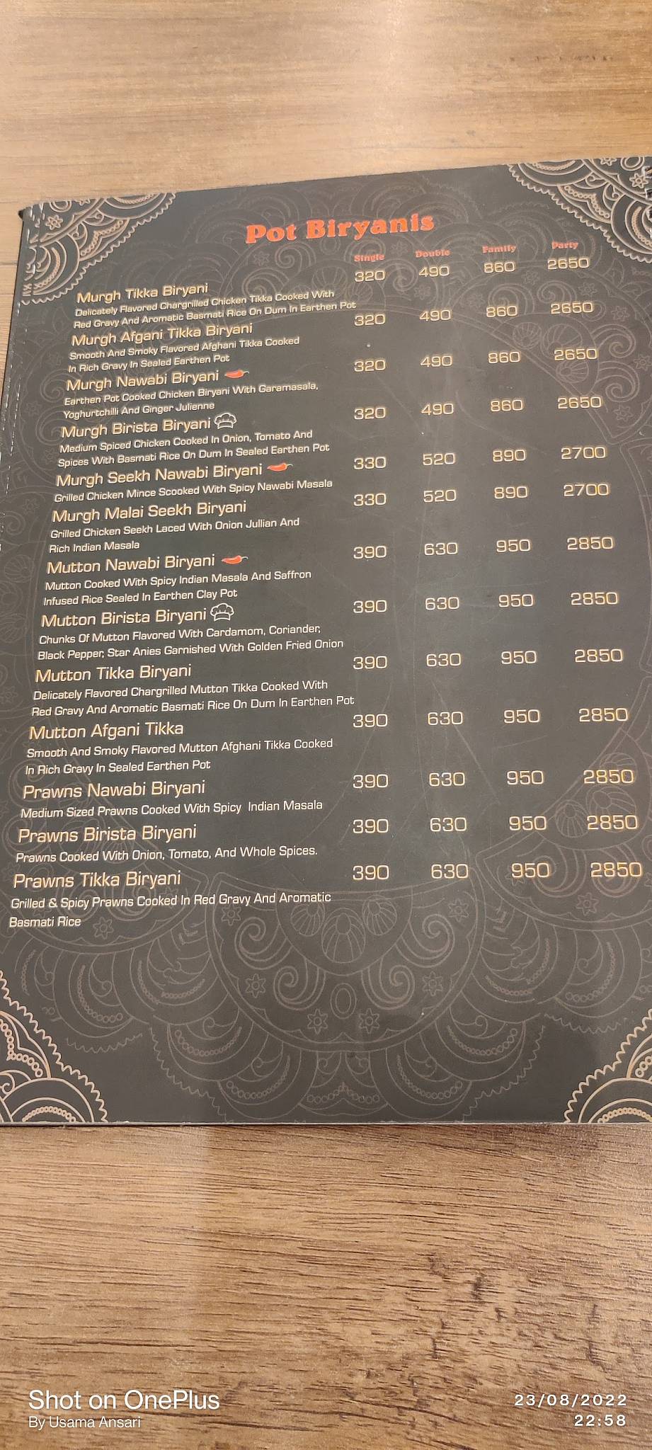 Menu at Istanbul Darbar, Mumbai