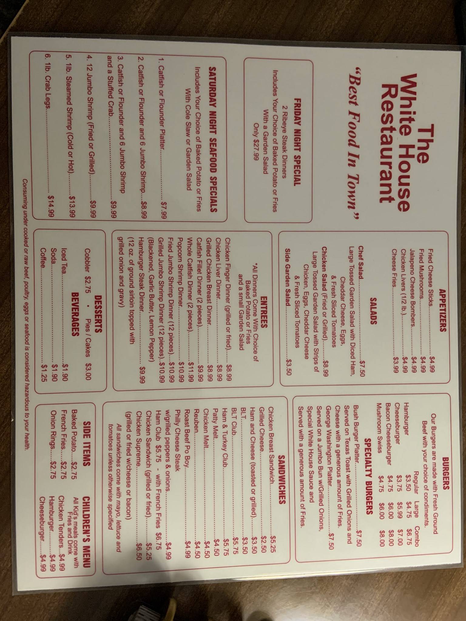 Menu at White House Restaurant, Warrior