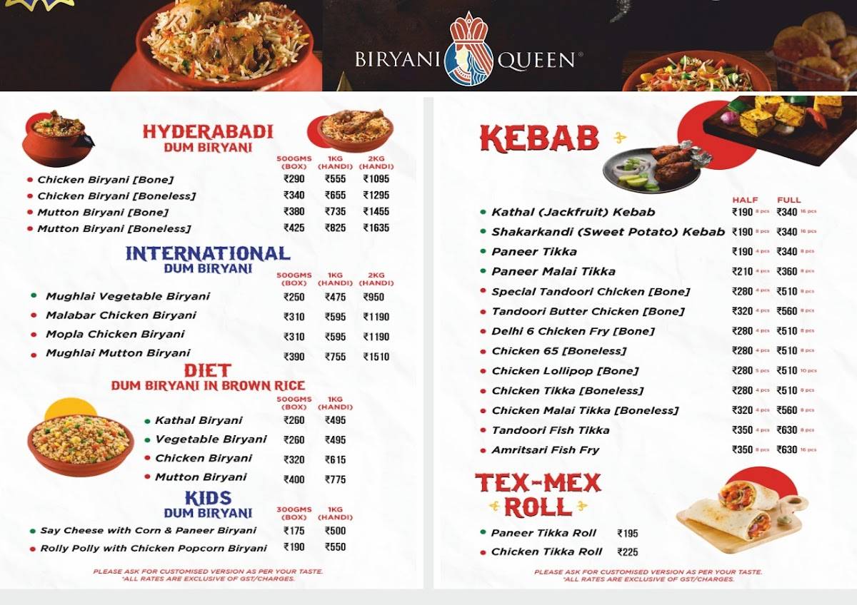Menu at Biryani Queen, Tumakuru