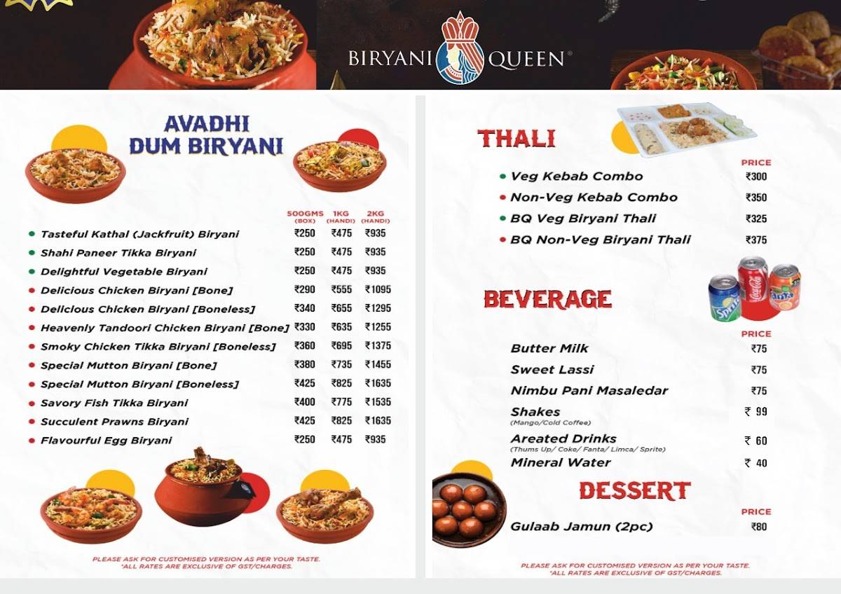 Menu at Biryani Queen, Tumakuru