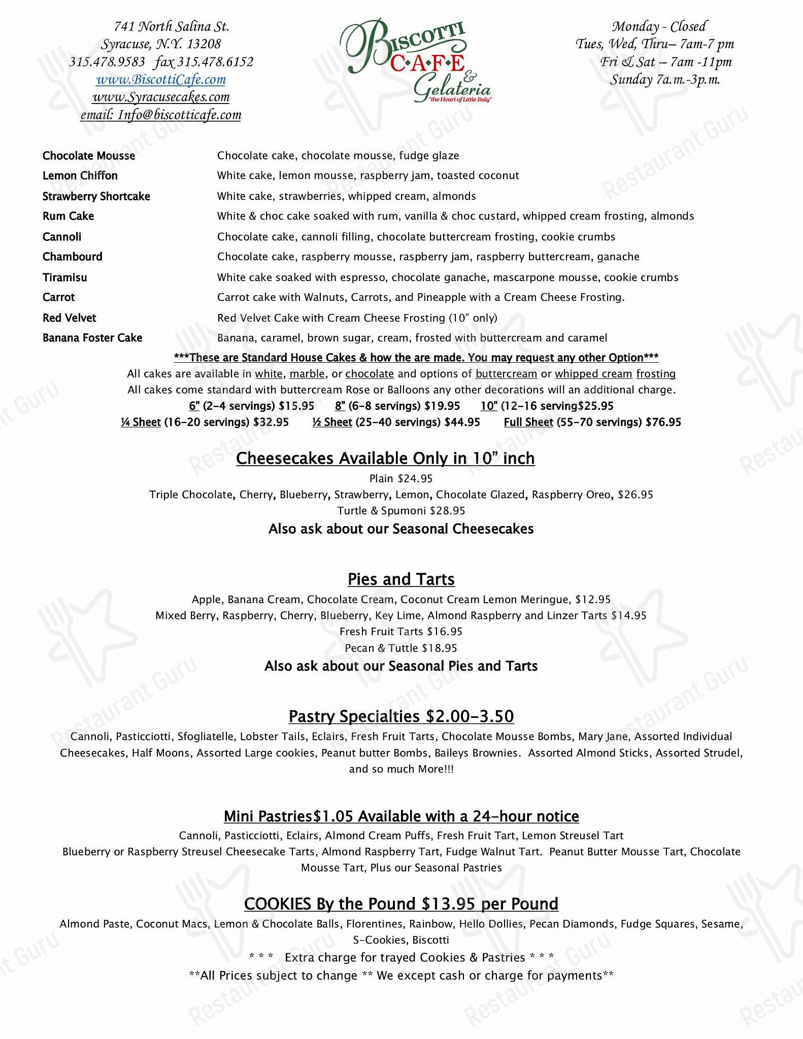 Menu at Biscotti Cafe & Pastry Shop, Syracuse