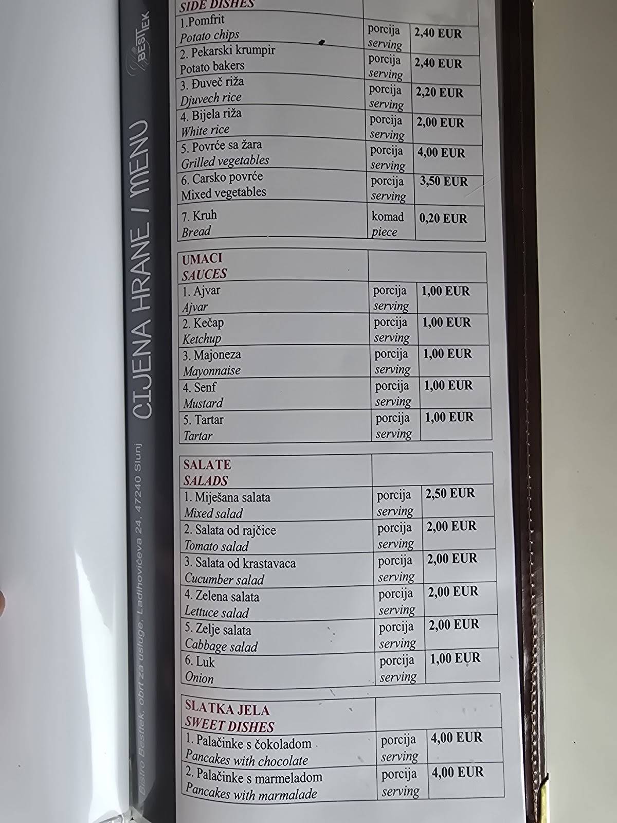 Menu at Bistro 3m, Slunj