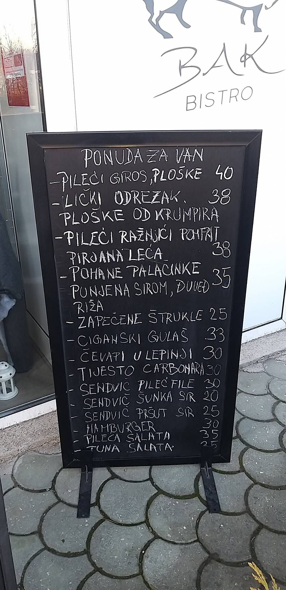 Menu at Bistro Bak restaurant, Zagreb