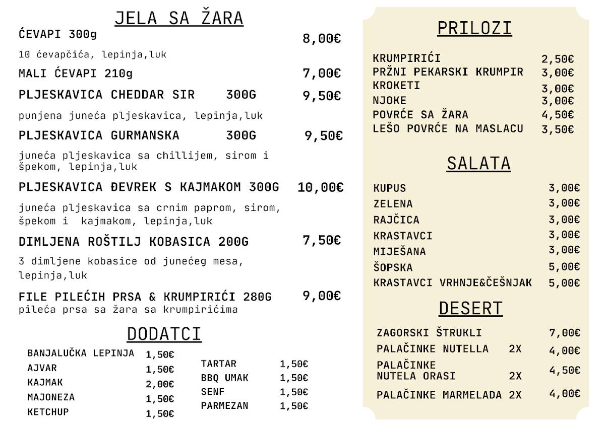 Menu at Bistro La Rupa restaurant, Ivanja Reka