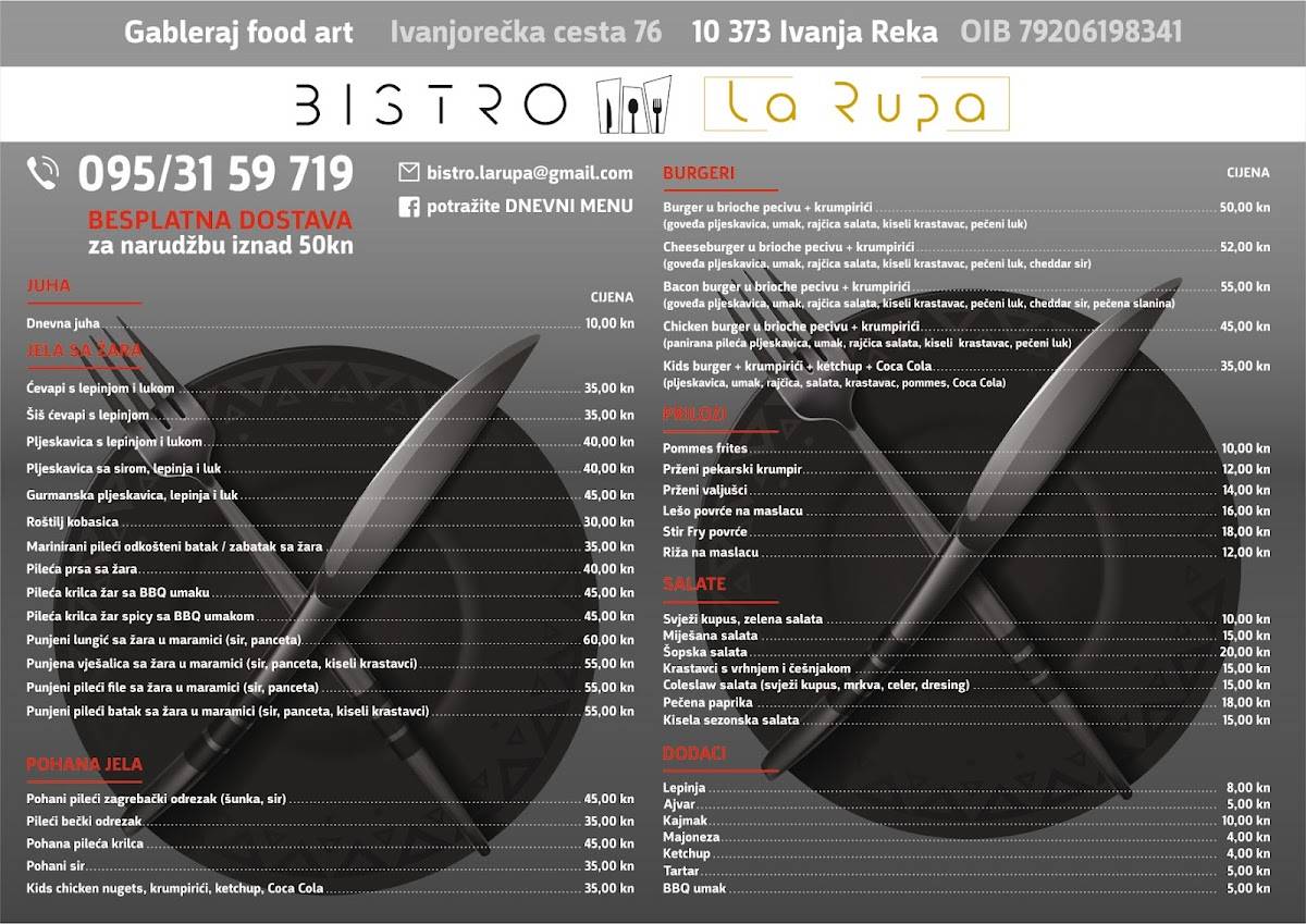 Menu at Bistro La Rupa restaurant, Ivanja Reka