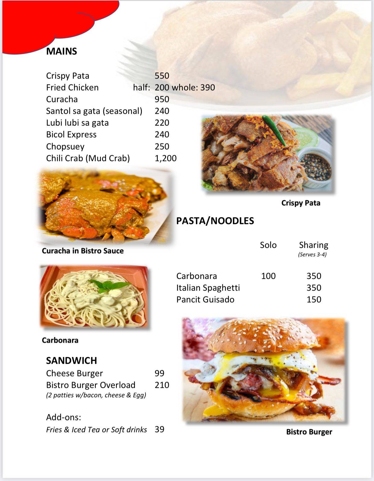 Menu at Bistro de Bantigui restaurant, Matnog