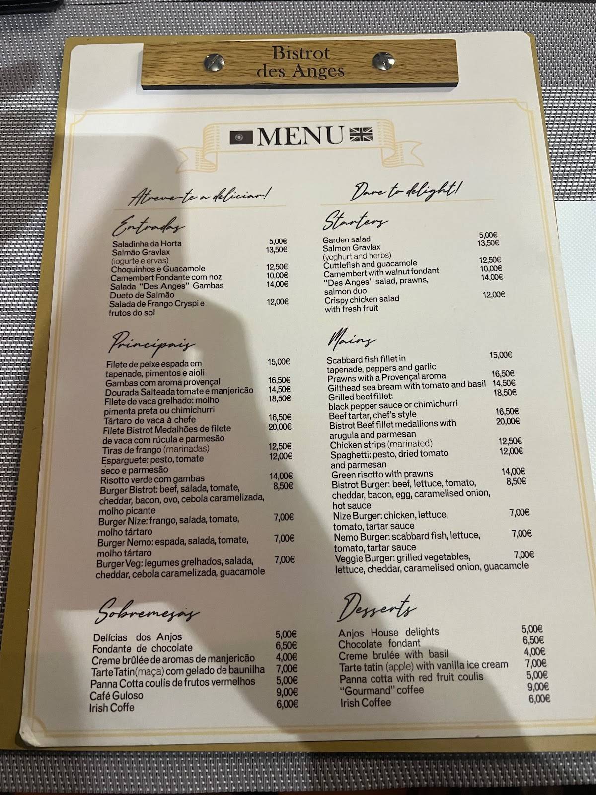 Menu em Bistrot Des Anges restaurante, Funchal