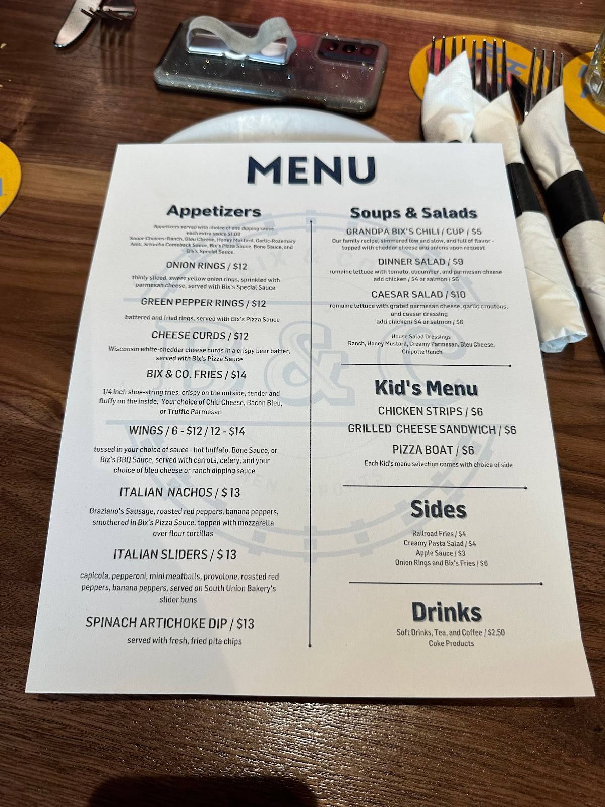 Menu at Bix & Co. pub & bar, West Des Moines