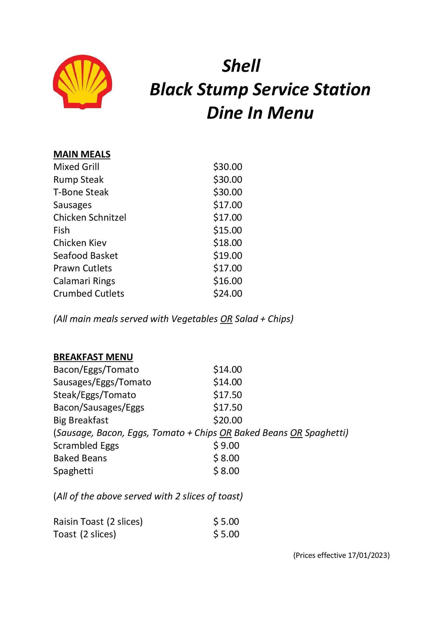 Menu at Black Stump Shell Service Station cafe, Coolah