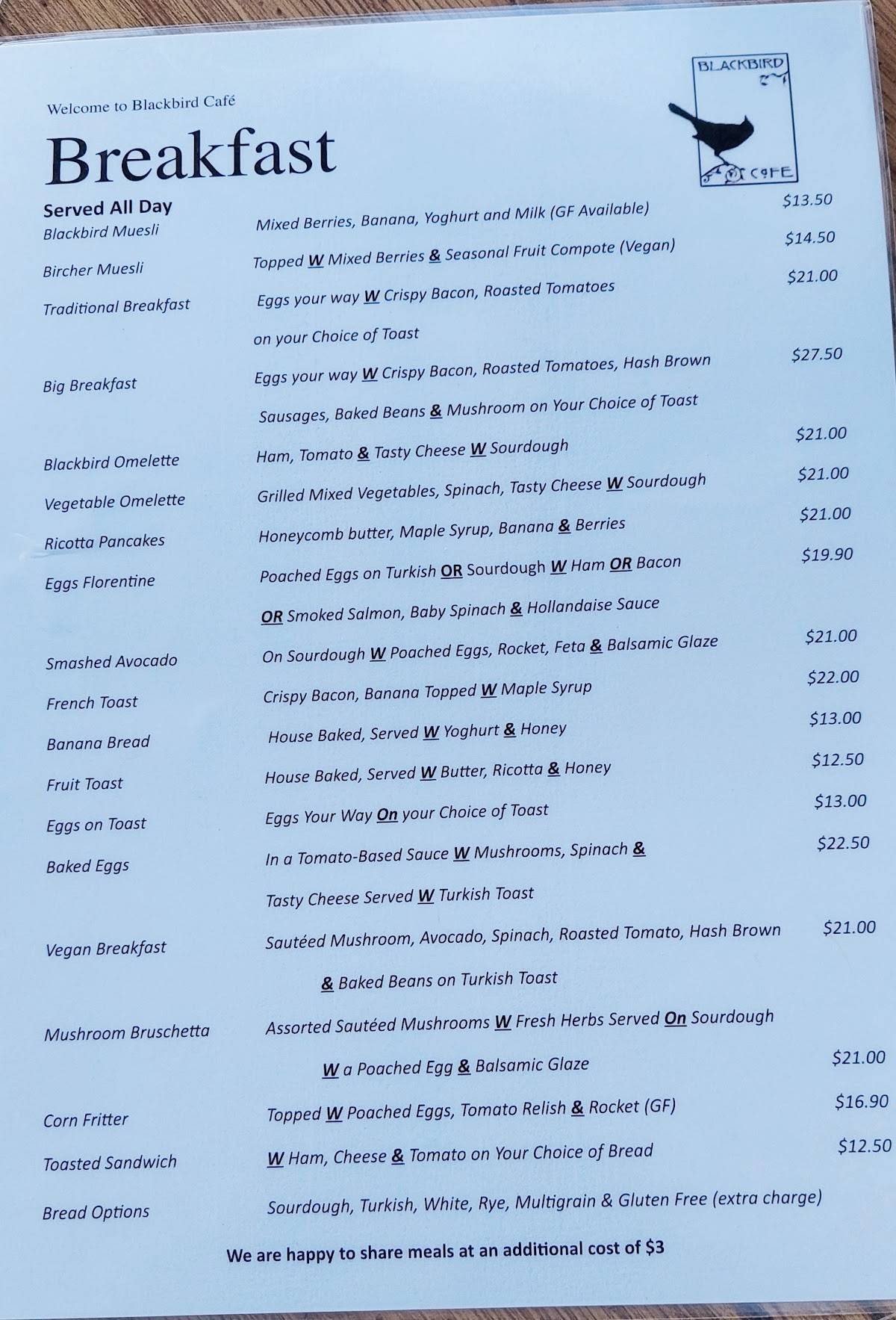 Menu at Blackbird Cafe, Mornington