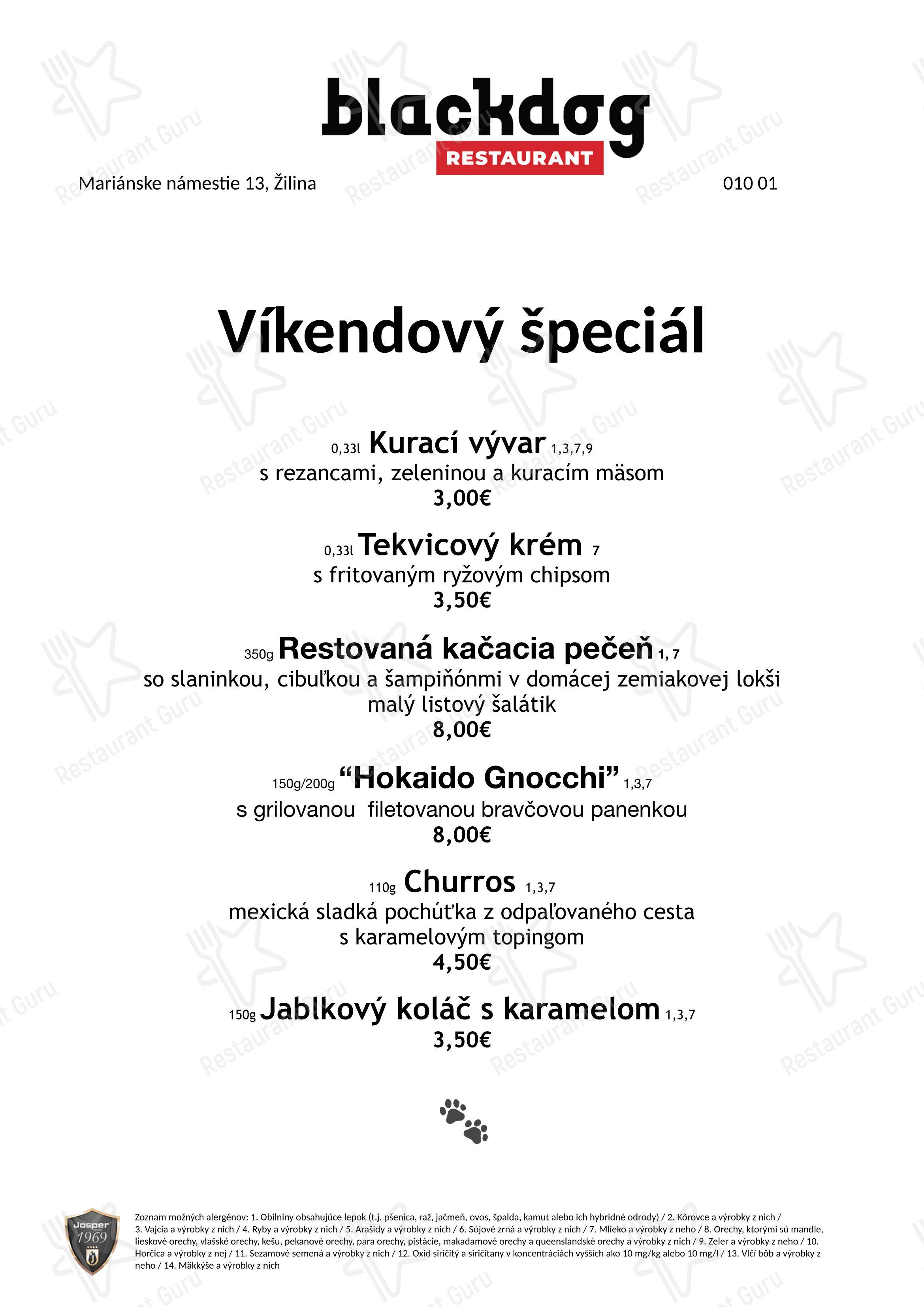 Menu at Blackdog restaurant, Žilina