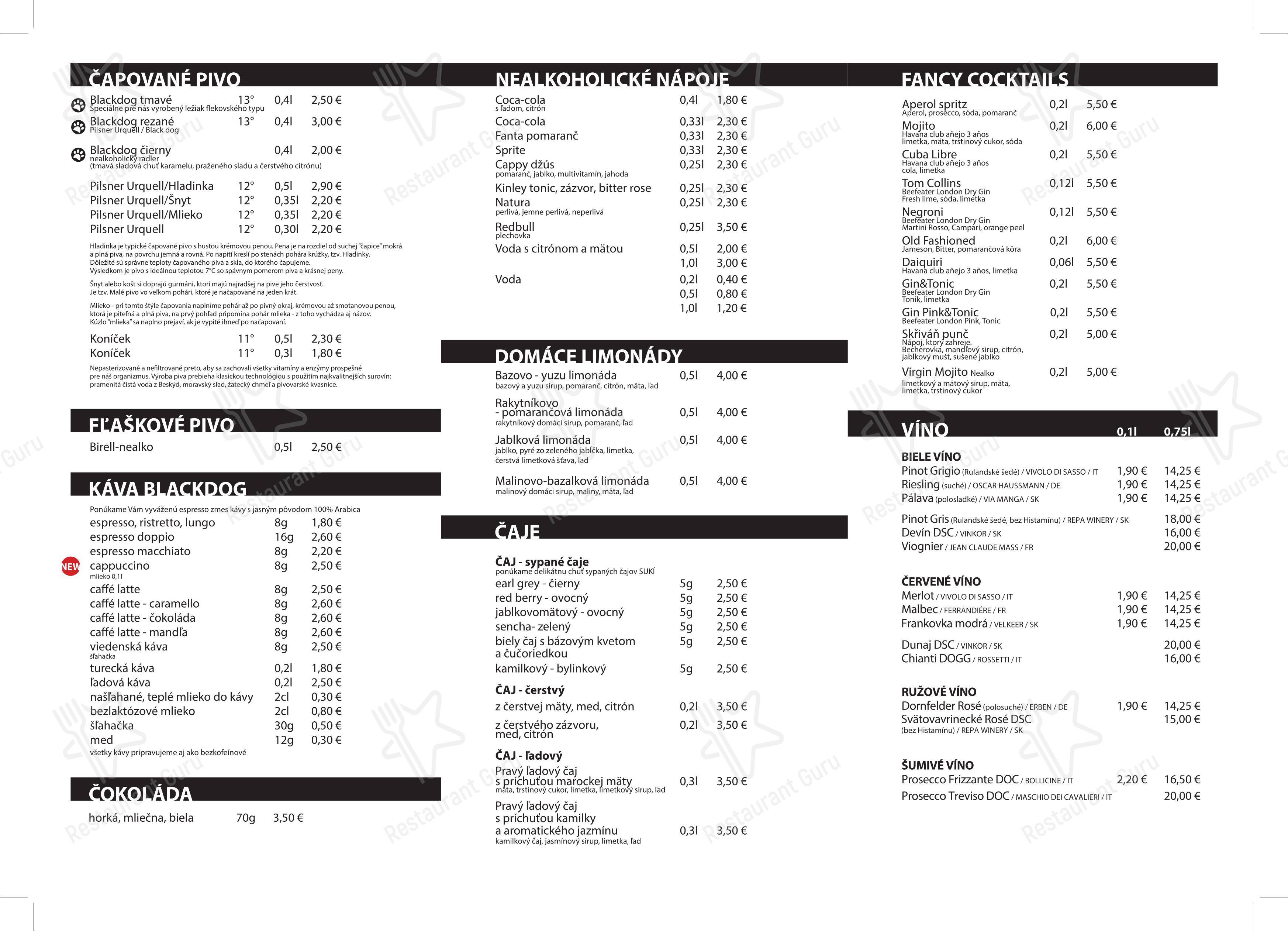 Menu at Blackdog restaurant, Žilina