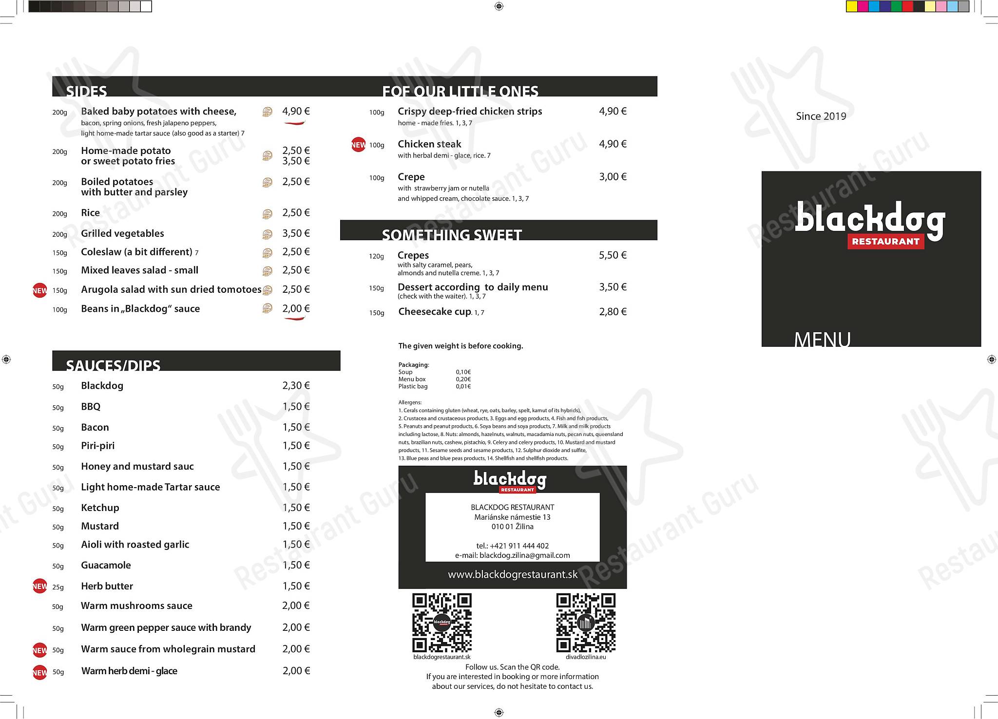 Menu at Blackdog restaurant, Žilina
