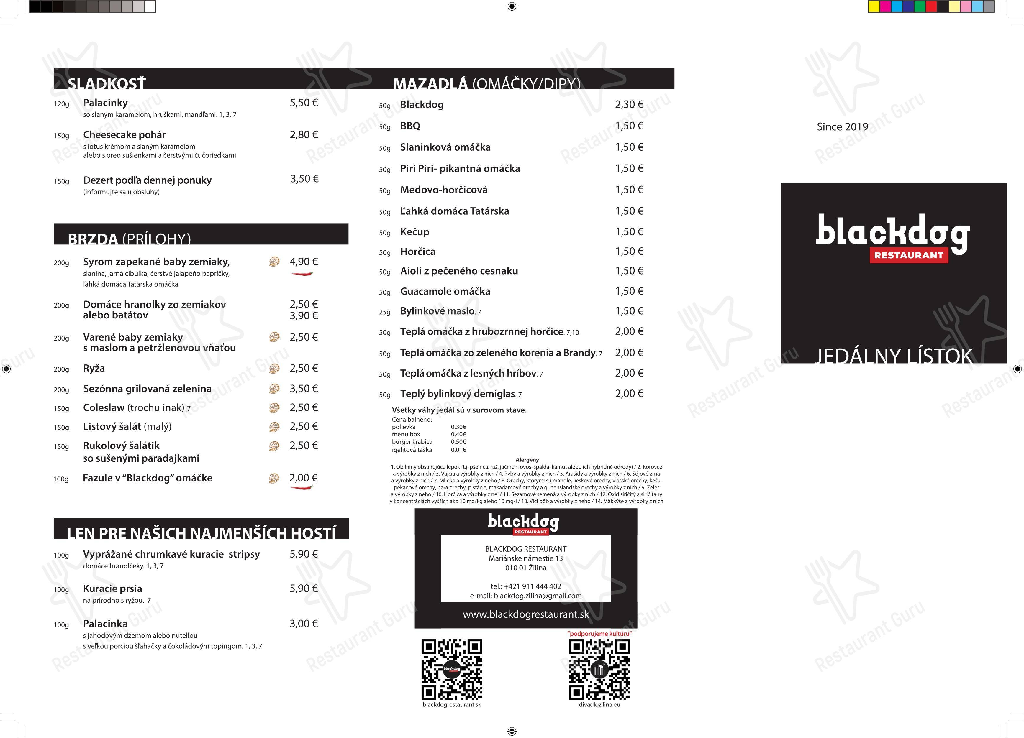 Menu at Blackdog restaurant, Žilina