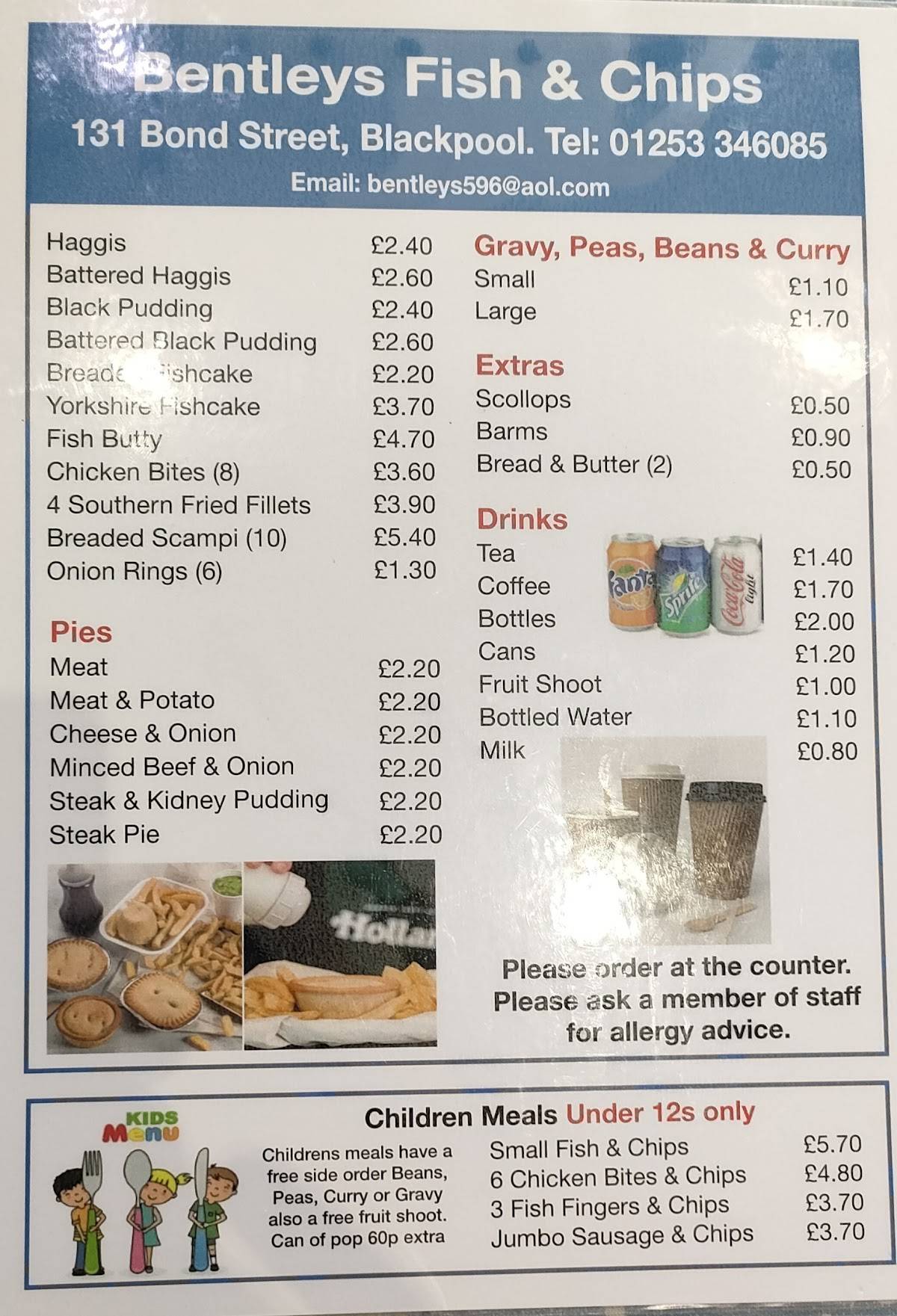 Menu at Bentley's Fish & Chip Shop restaurant, Blackpool