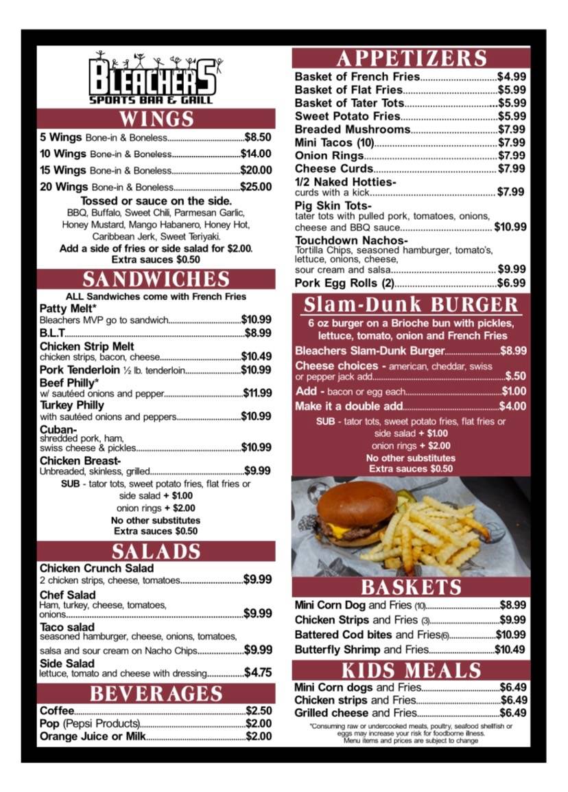 Menu at Bleachers Sports Bar and Grill, Albert Lea