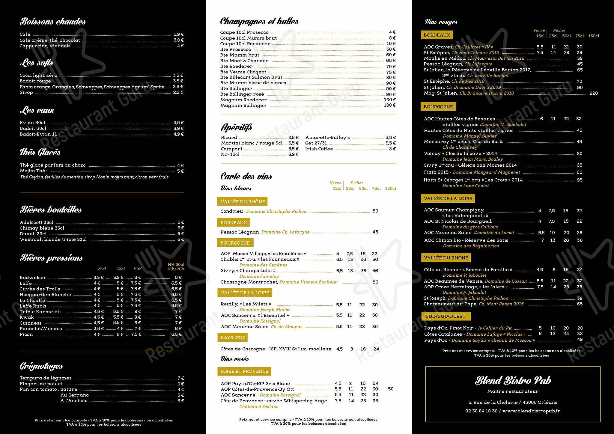 Menu au Blend Bistro Pub Orléans, Orléans