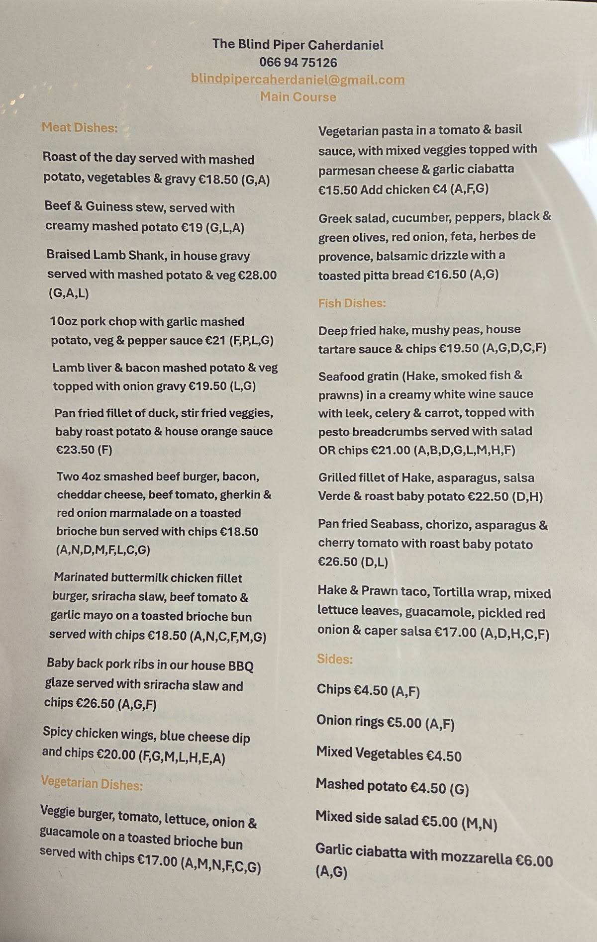 Menu at Blind Piper pub & bar, Caherdaniel, Ballycarnahan