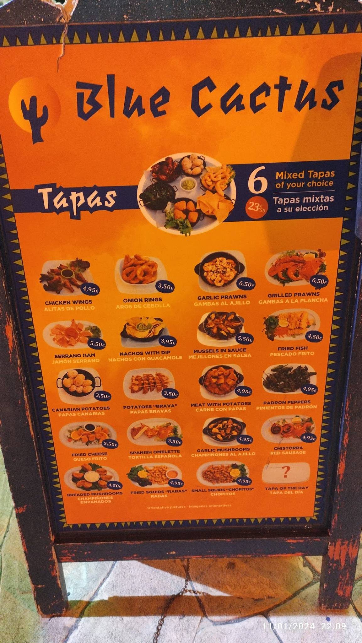 Menu at Blue Cactus restaurant, Costa Adeje