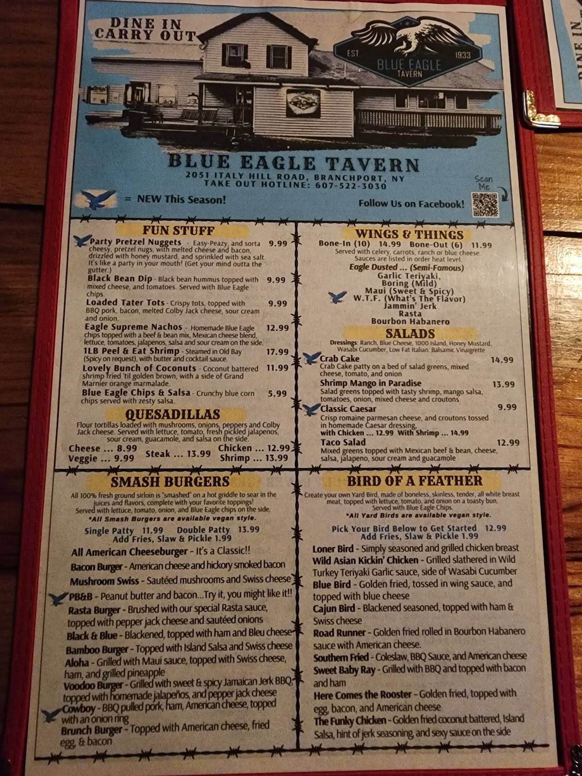 Menu at Blue Eagle Tavern restaurant, USA