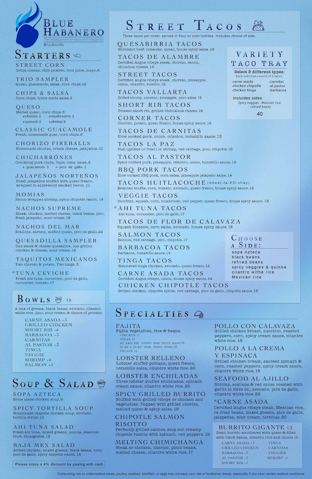 Carta del pub y bar Blue Habanero, Canton