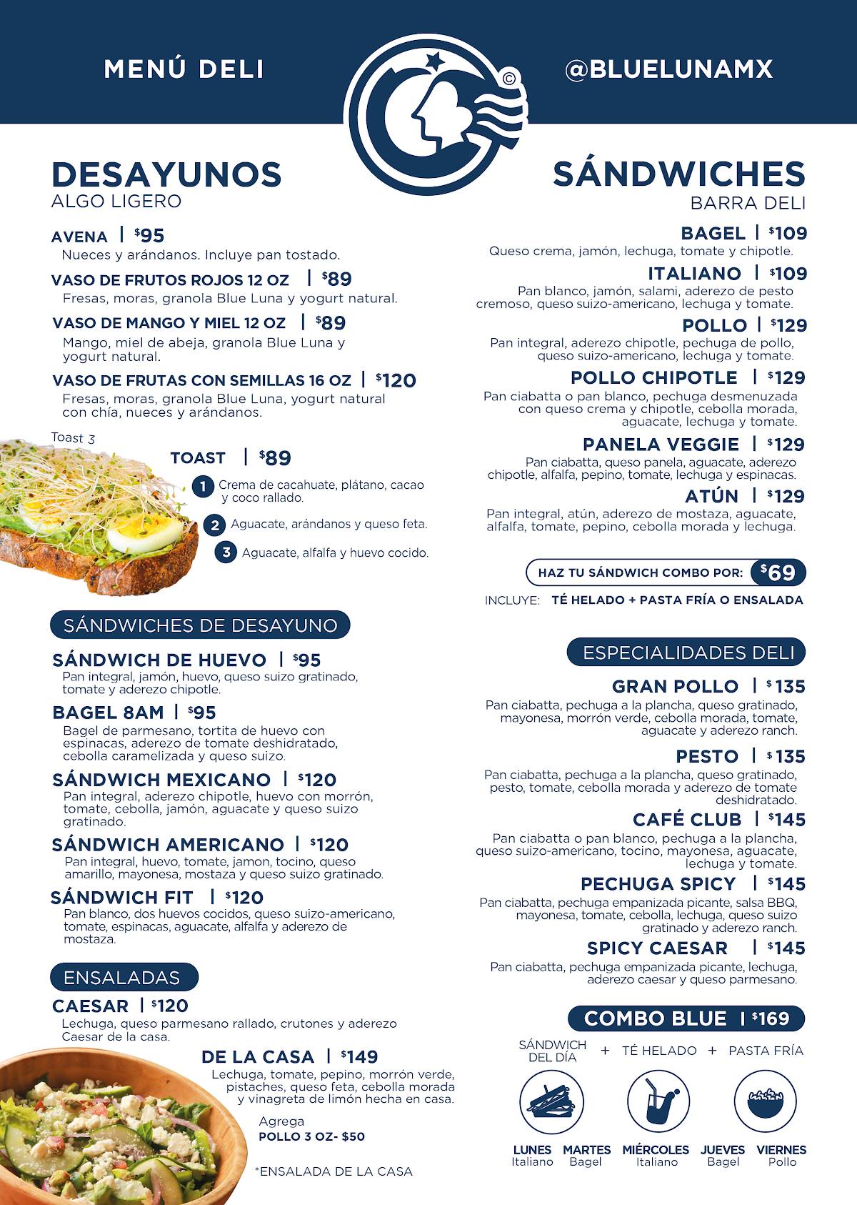Carta de cafetería Blue Luna Santa Fe, Tijuana