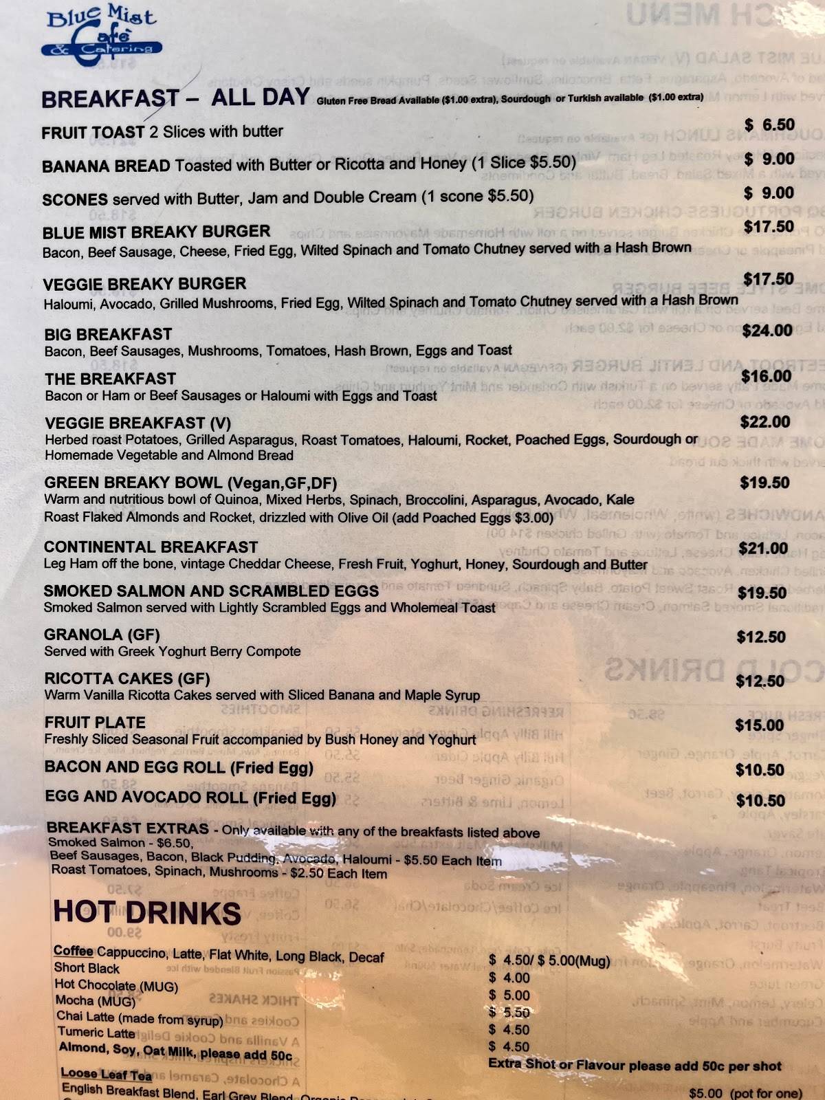 Menu at Blue Mist Cafe, Wentworth Falls