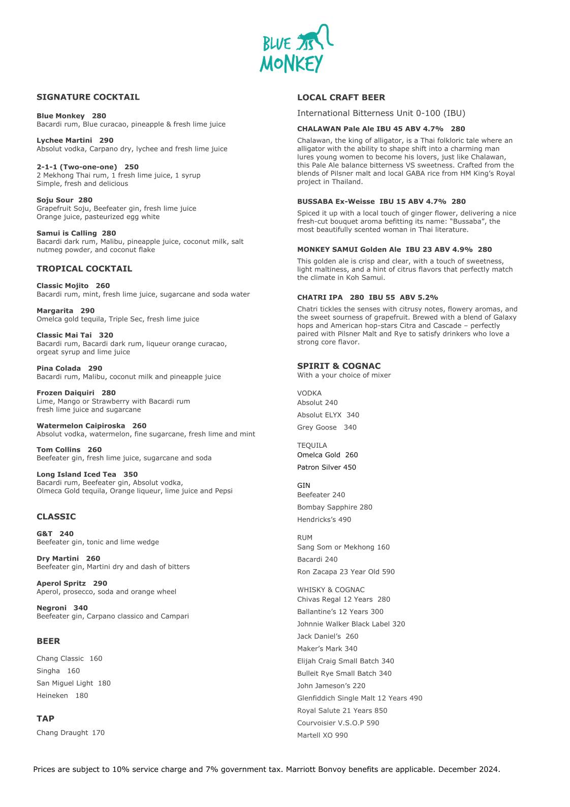 Menu at Blue Monkey Bar, Ko Samui, 86 Moo 3 Chaweng Noi Beach