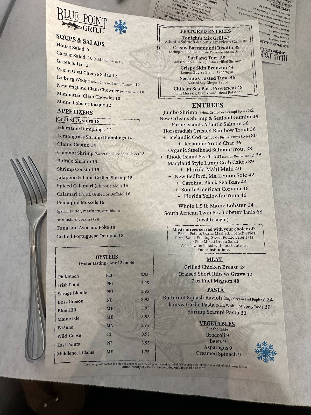 Menu at Blue Point Grill restaurant, Newtown