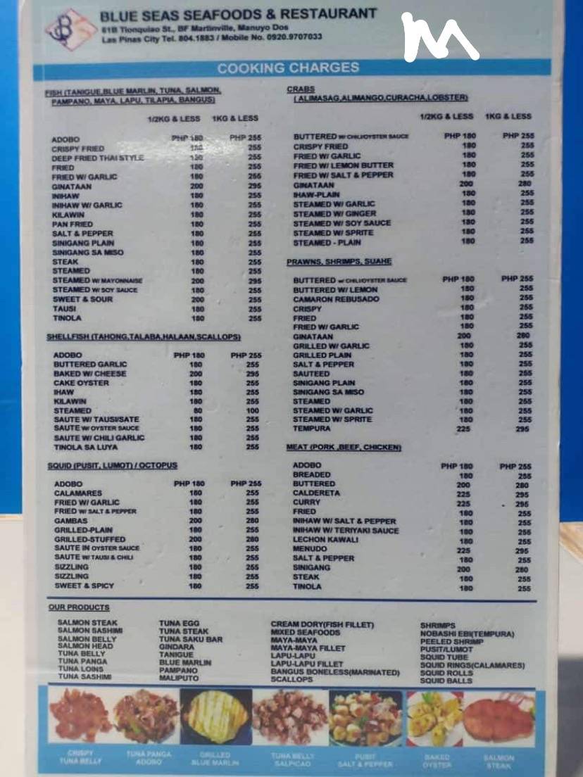 Menu at Blue Seas Seafoods & Restaurant, Las Pinas