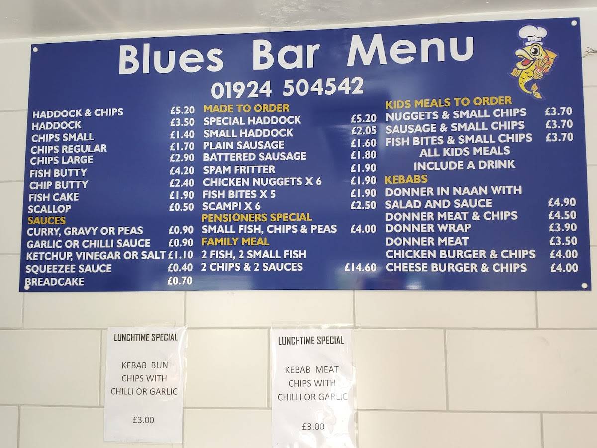 Menu at Blues Fish Bar, Liversedge, 387 Norristhorpe Ln