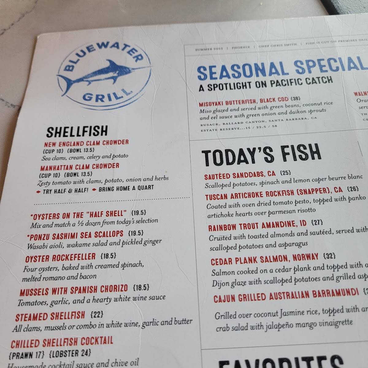 Menu at Bluewater Grill restaurant, Phoenix, E Bethany Home Rd
