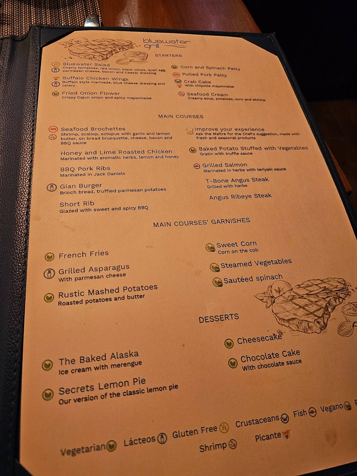 Menu at Bluewater Grill restaurant, Punta Cana, MHHM+RX8