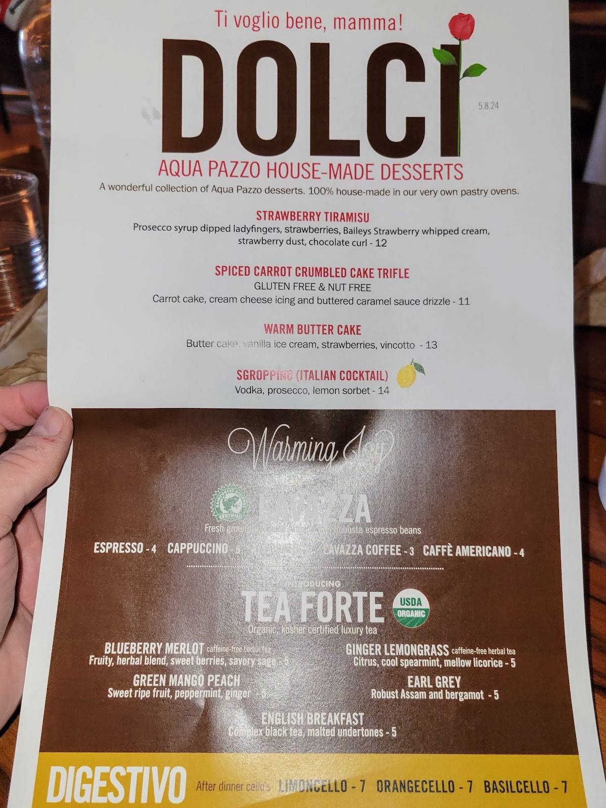 Menu at Aqua Pazzo restaurant, Boardman