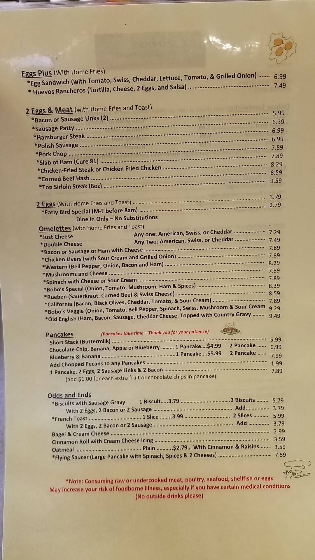 Menu at Bobo's Restaurant, Tucson