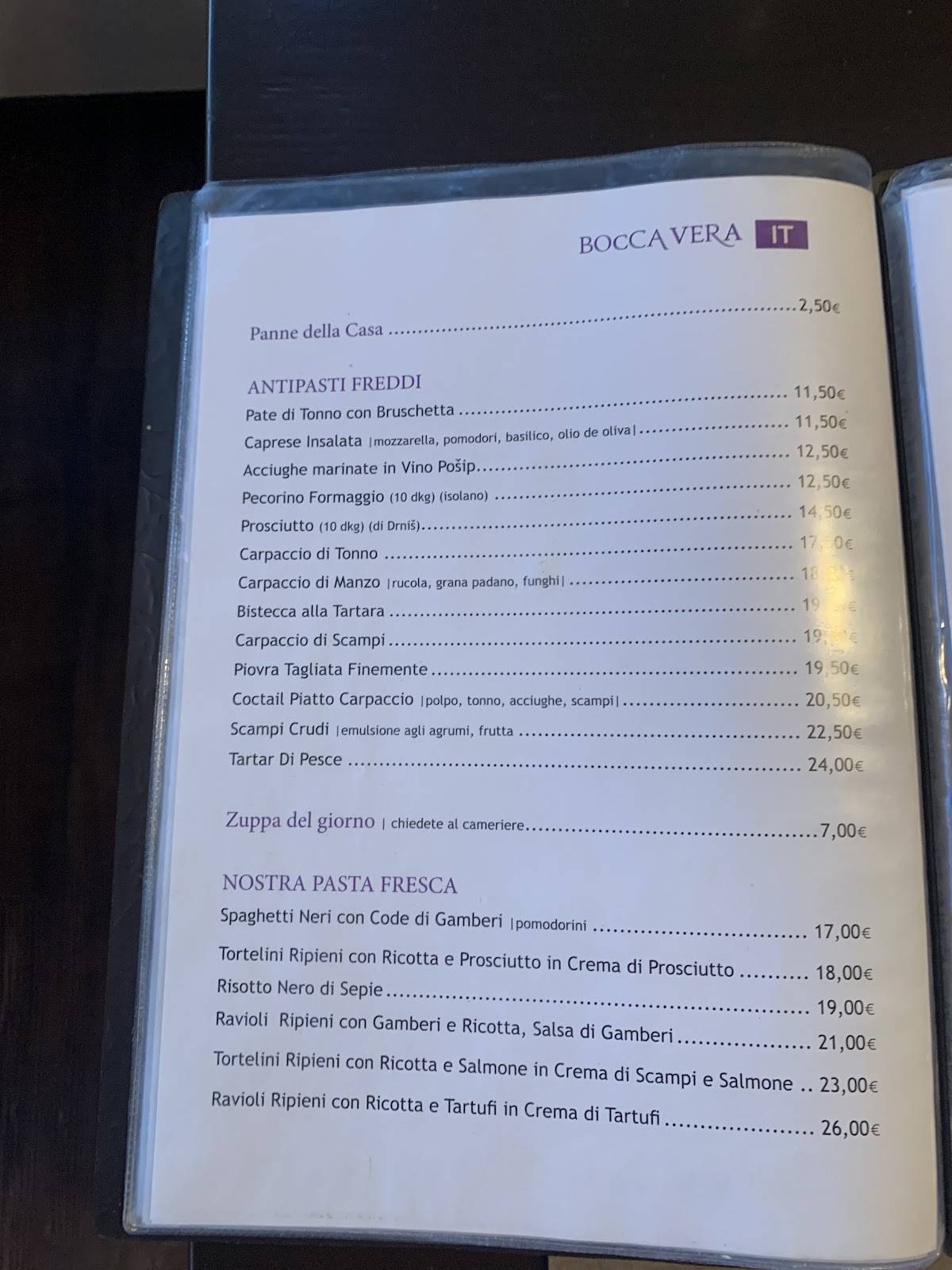 Menu at Bocca Vera restaurant, Mali Losinj