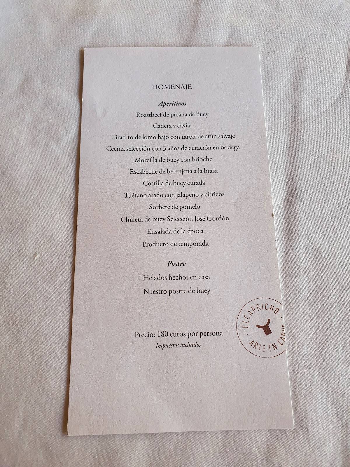Menu at Bodega El Capricho restaurant, Jiménez de Jamuz, c/ Carrobierzo