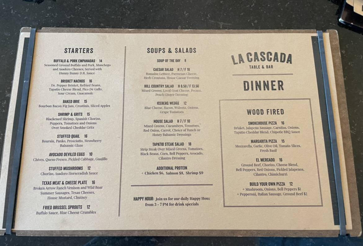 Menu at La Cascada Table & Bar, Boerne
