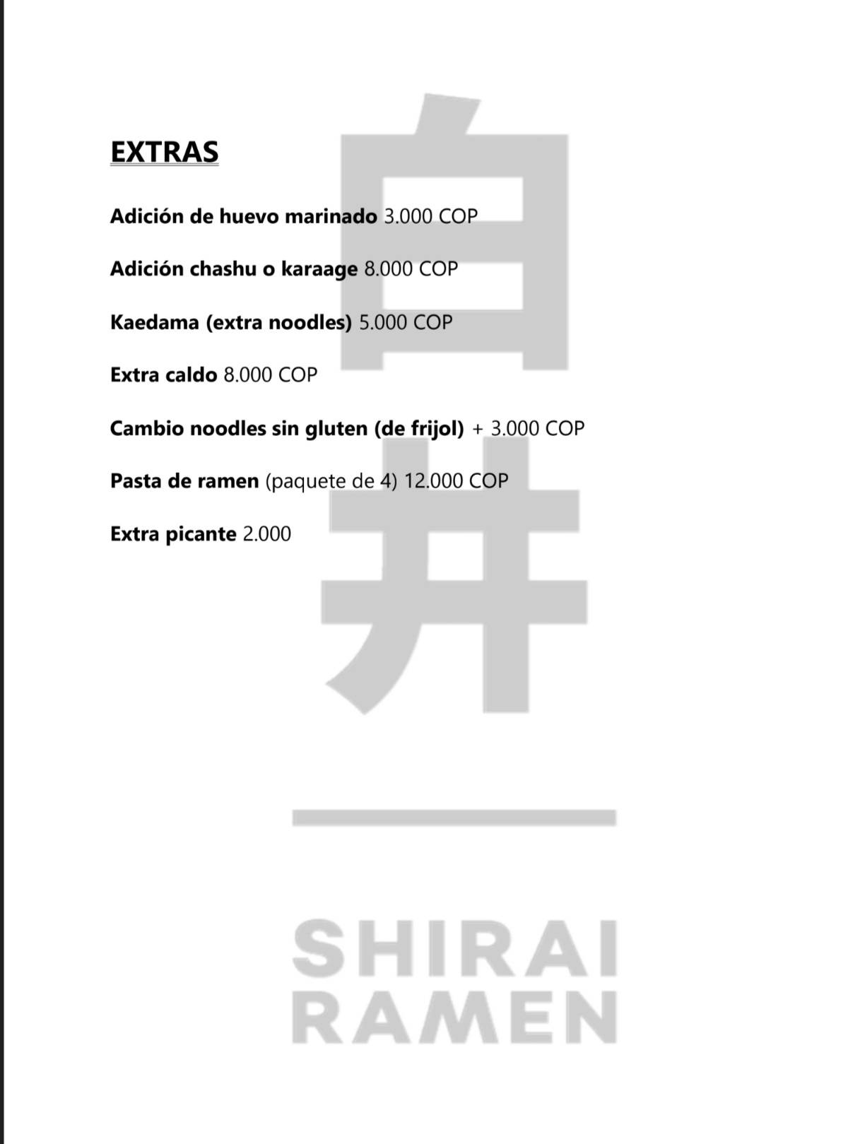 Menu at Shirai Ramen restaurant, Bogotá, Kr 13 #54-55 local 7