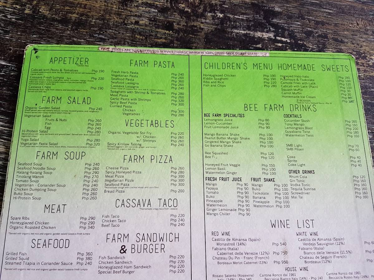 Menu at Bohol Farm restaurant, Dauis