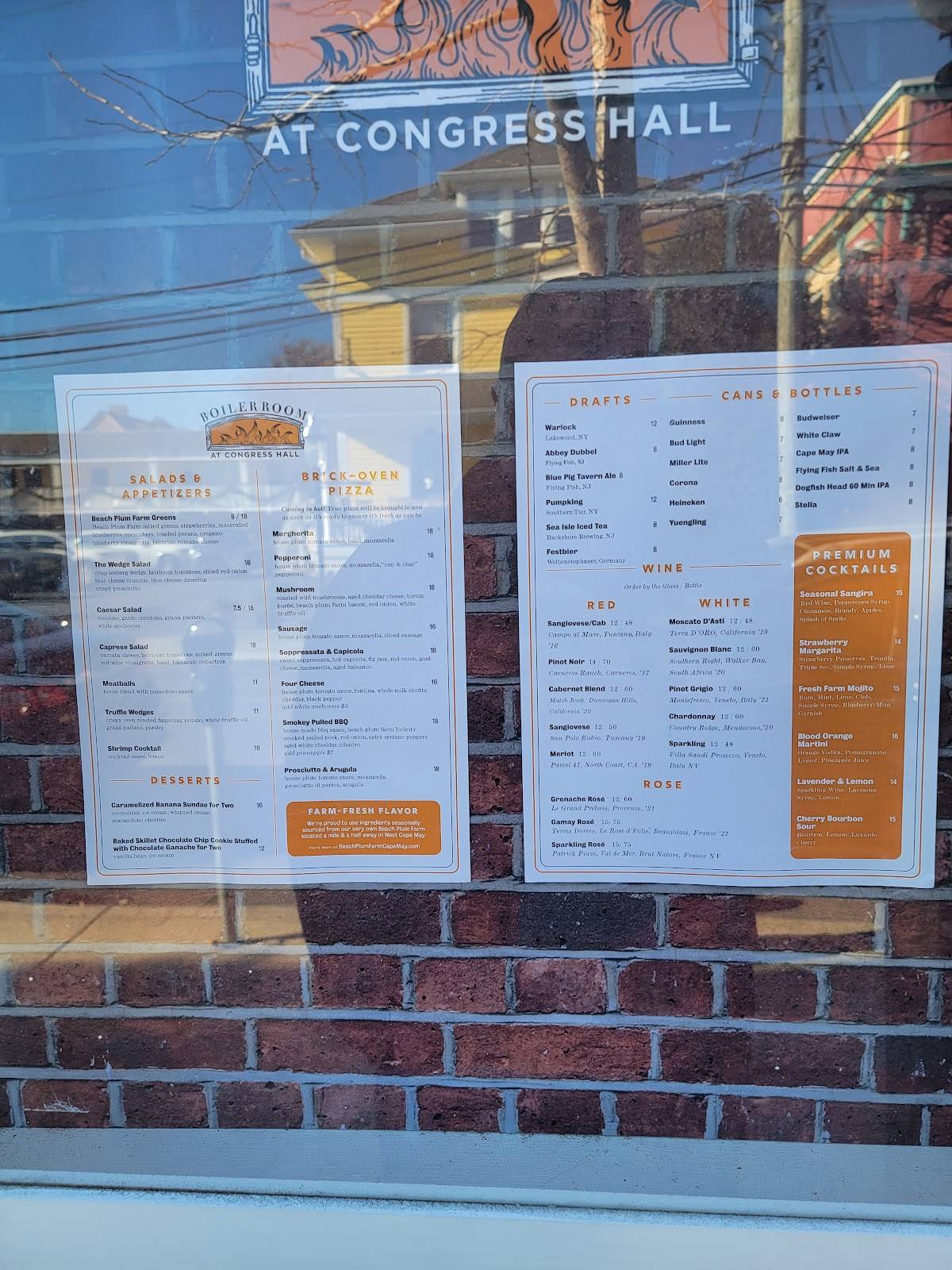 Menu at Boiler Room at Congress Hall pizzeria, Cape May