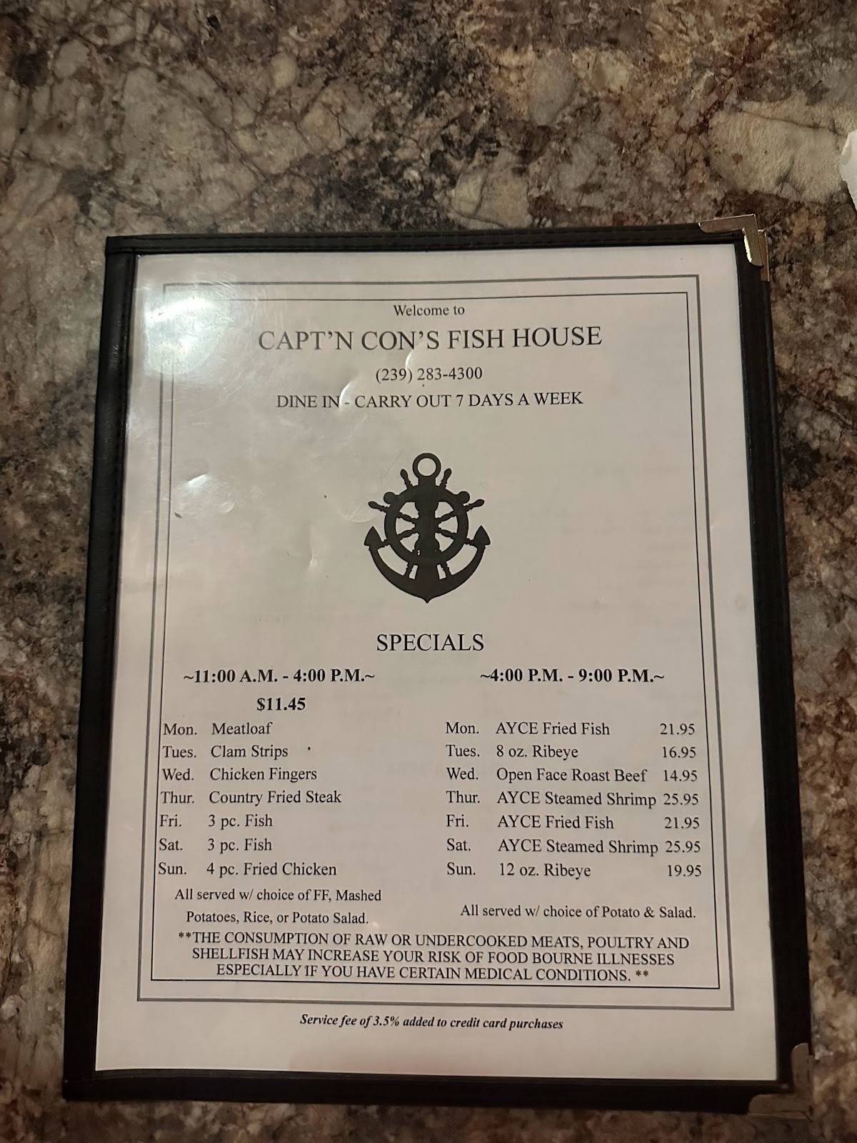 Menu at Capt'n Con's Fish House restaurant, Bokeelia