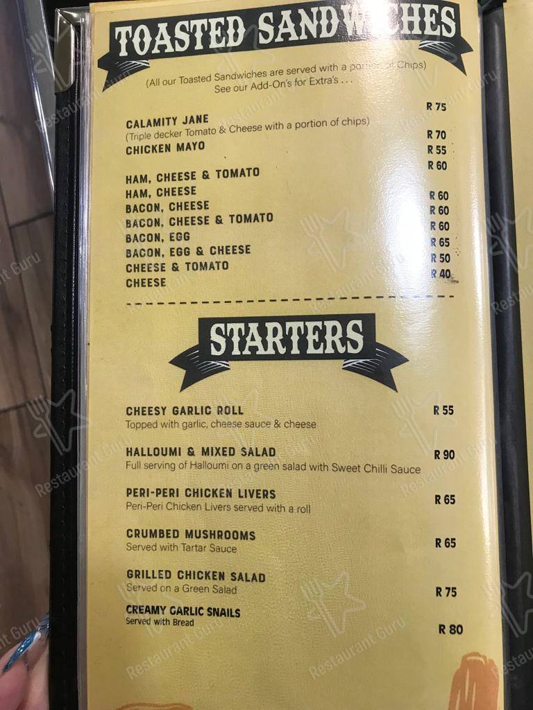 Menu at Top Shots Saloon pub & bar, Boksburg