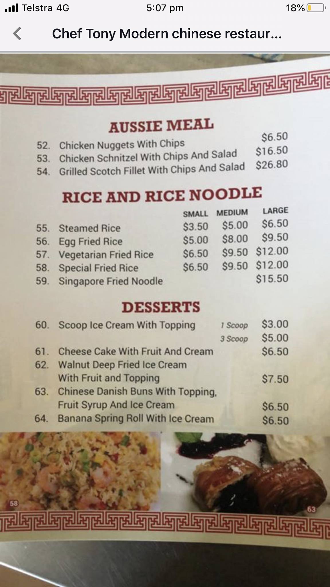 Menu at Chef Tony's Modern Chinese Restaurant, Bomaderry