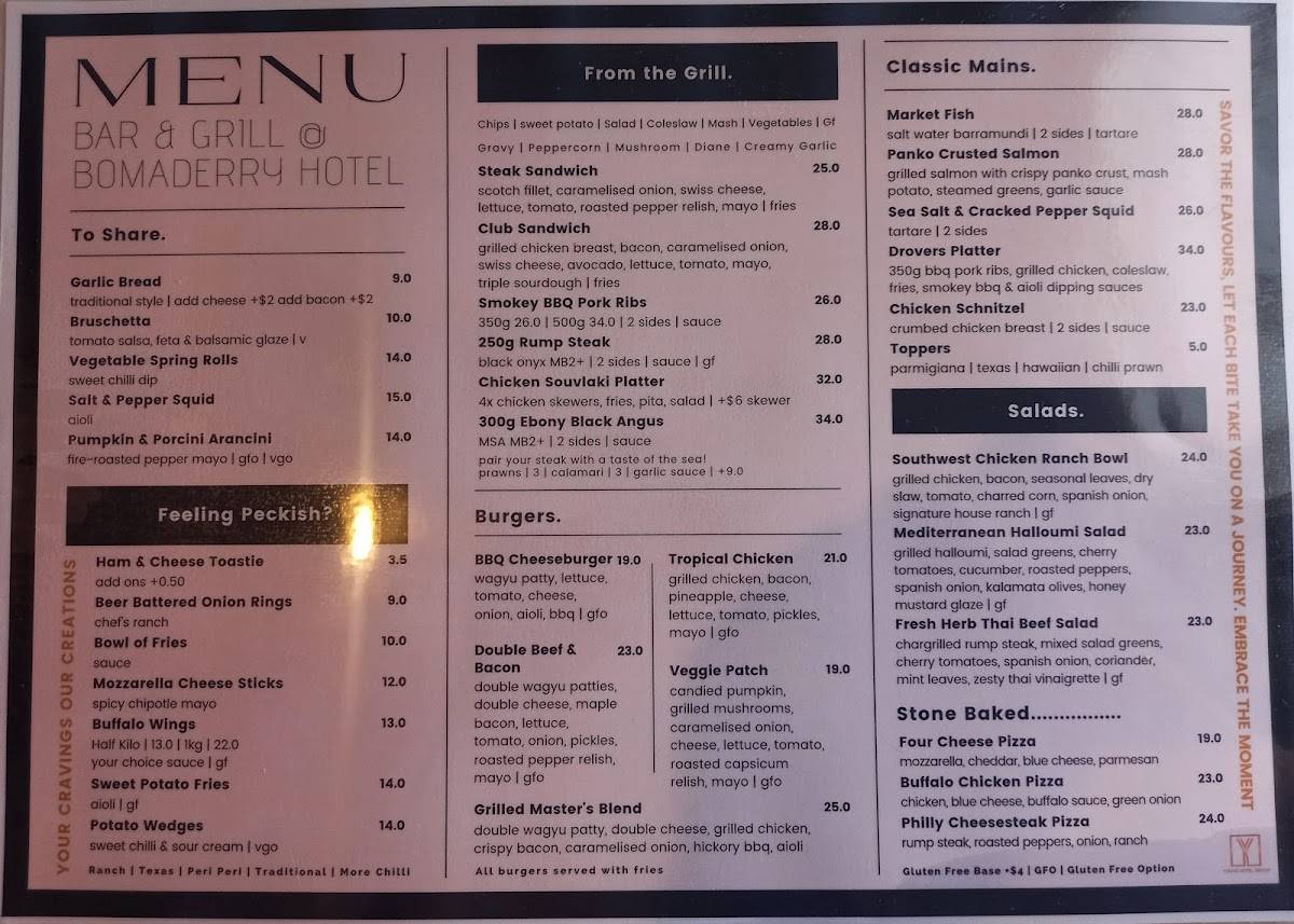 Menu at Bomaderry Hotel pub & bar, Bomaderry