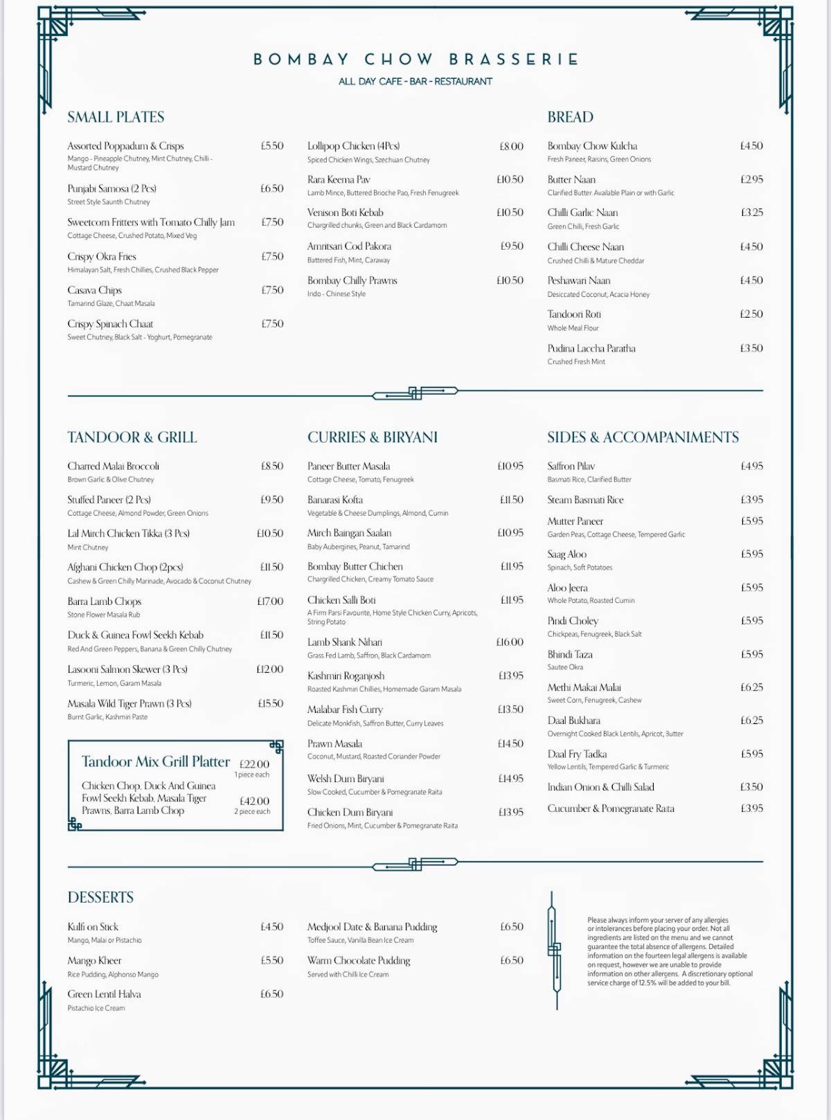 Menu at Bombay Chow restaurant, Northwood