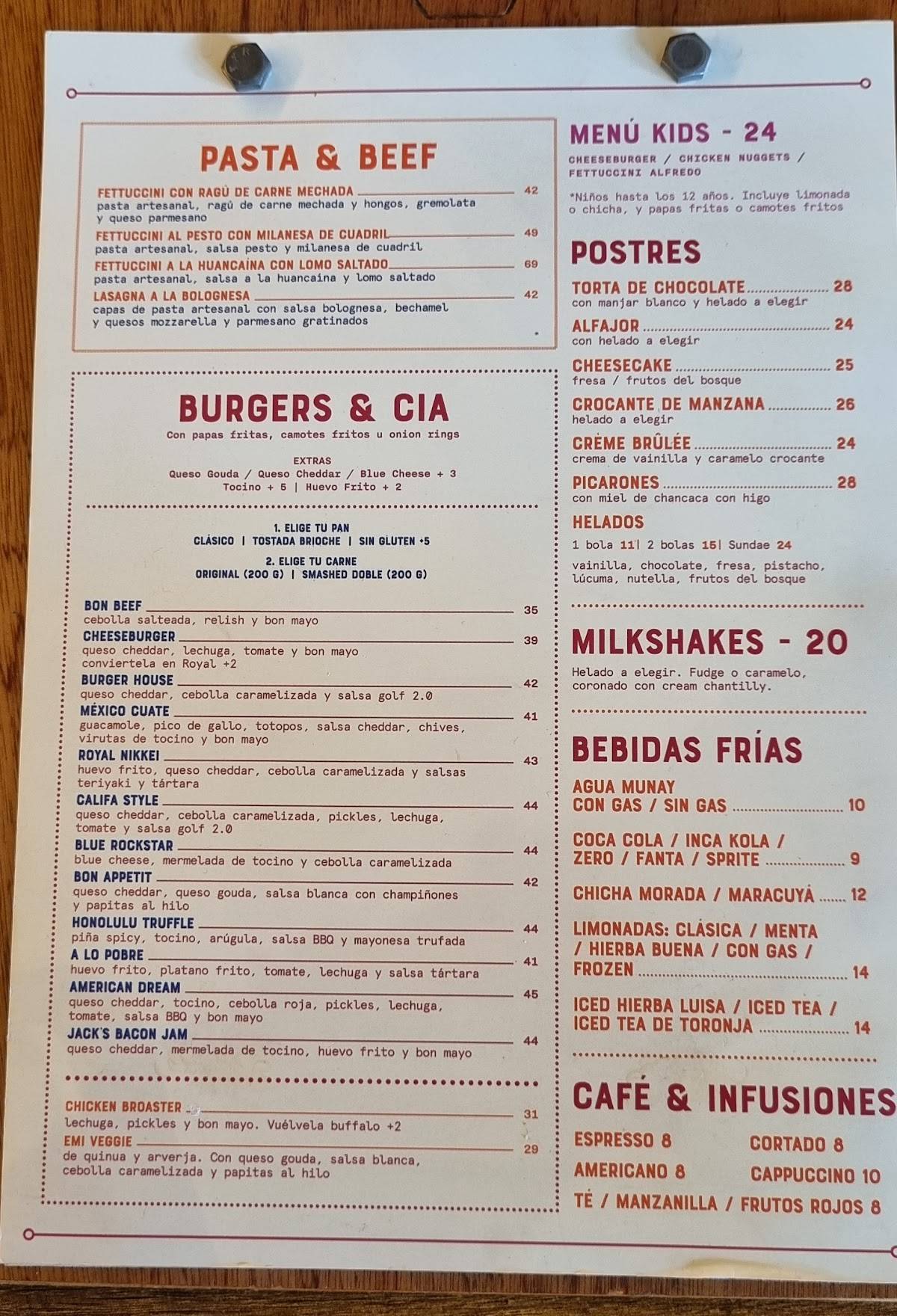 Carta del restaurante Bon Beef San Miguel, San Miguel