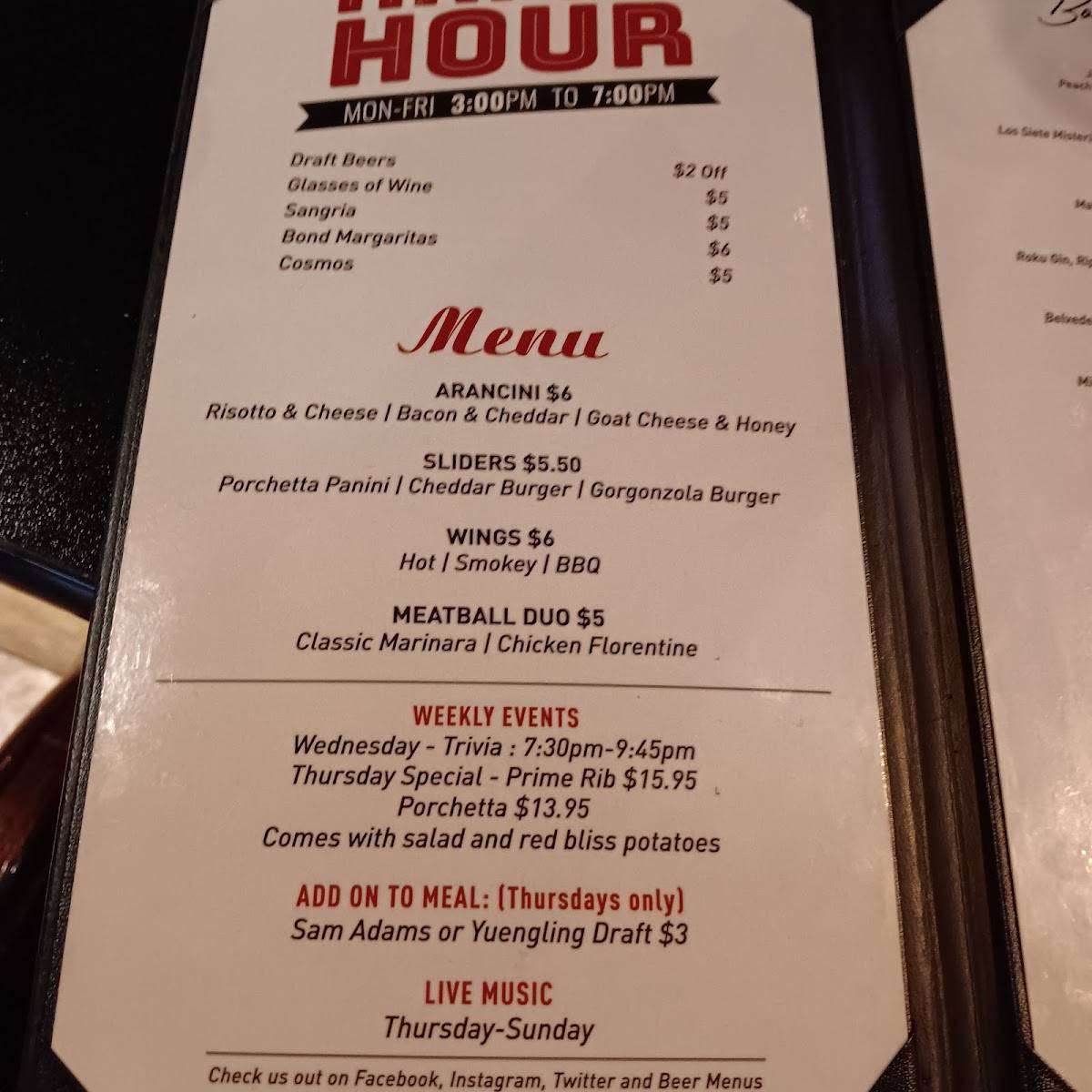 Menu at Bond 124 pub & bar, Somers