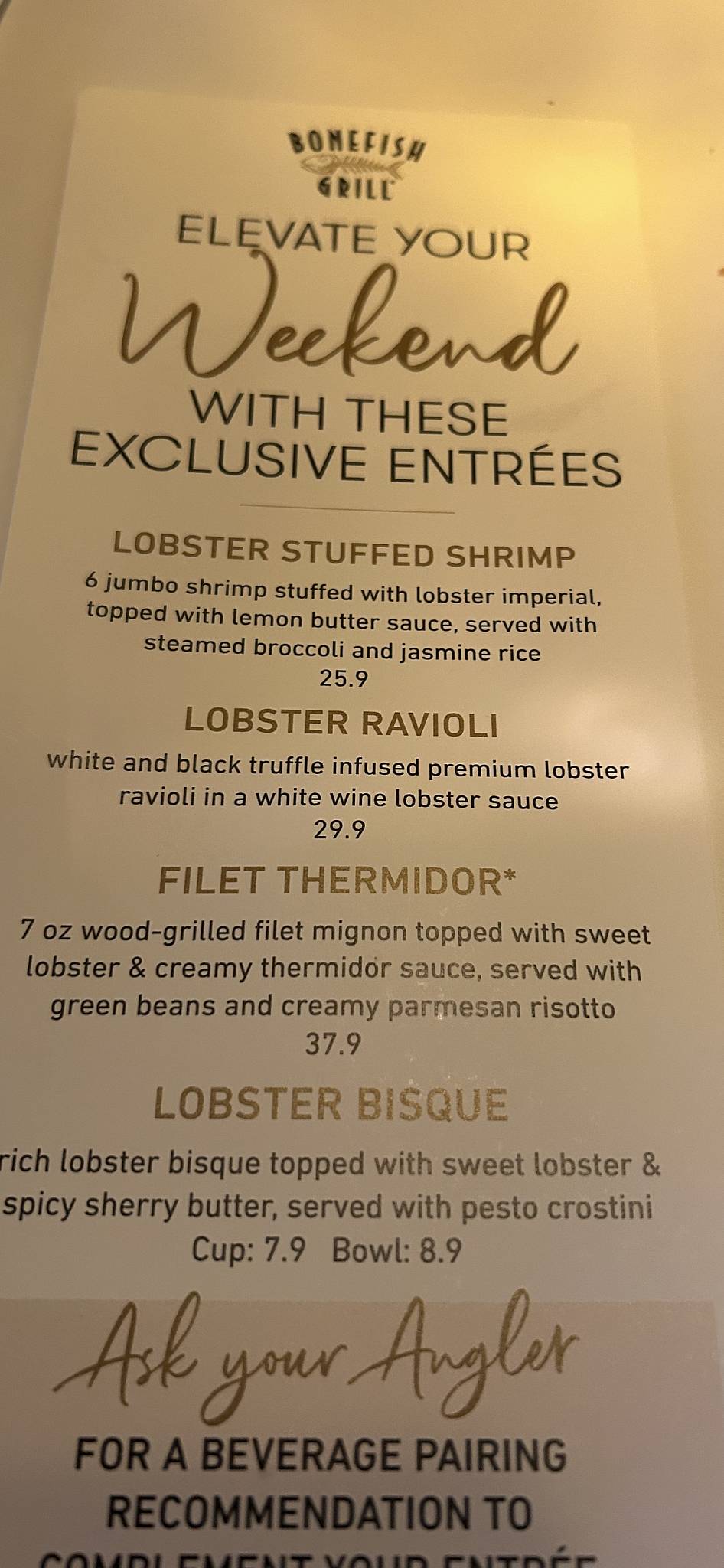 Menu at Bonefish Grill restaurant, Louisville