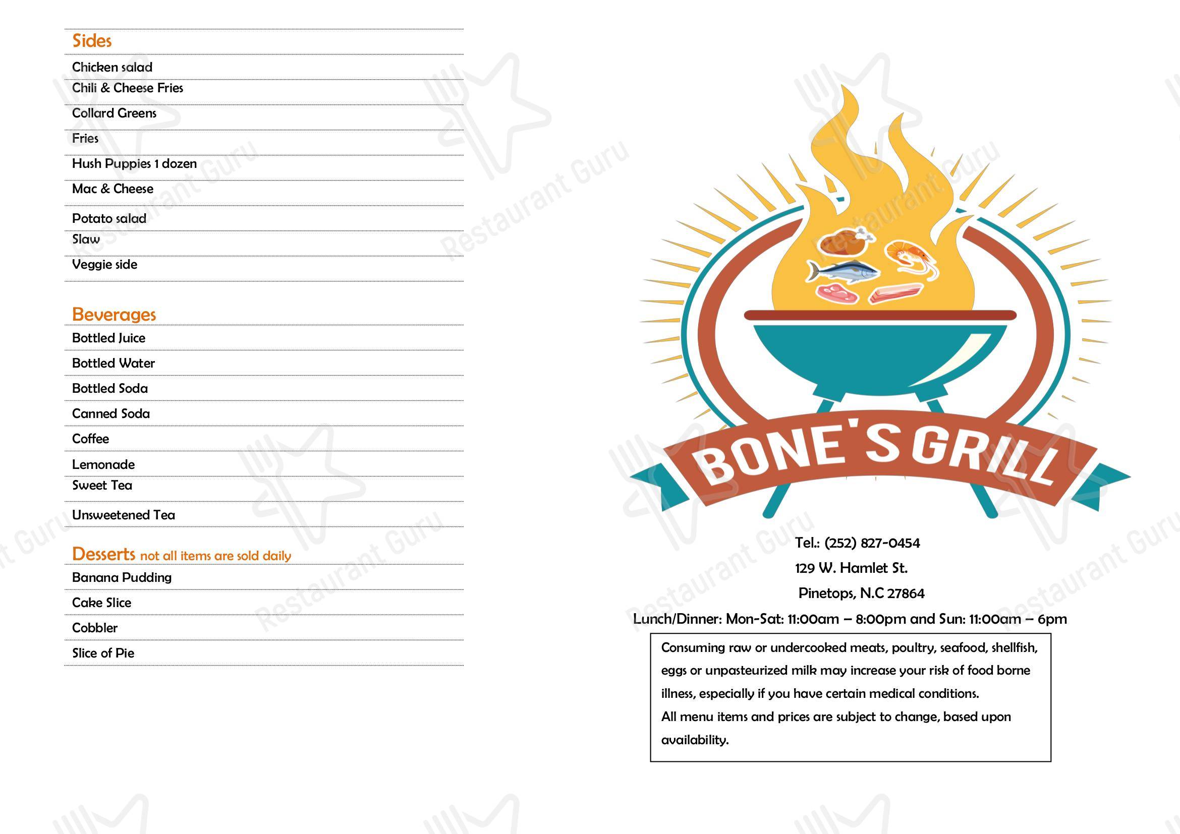 Menu at Bone's Grill restaurant, Pinetops